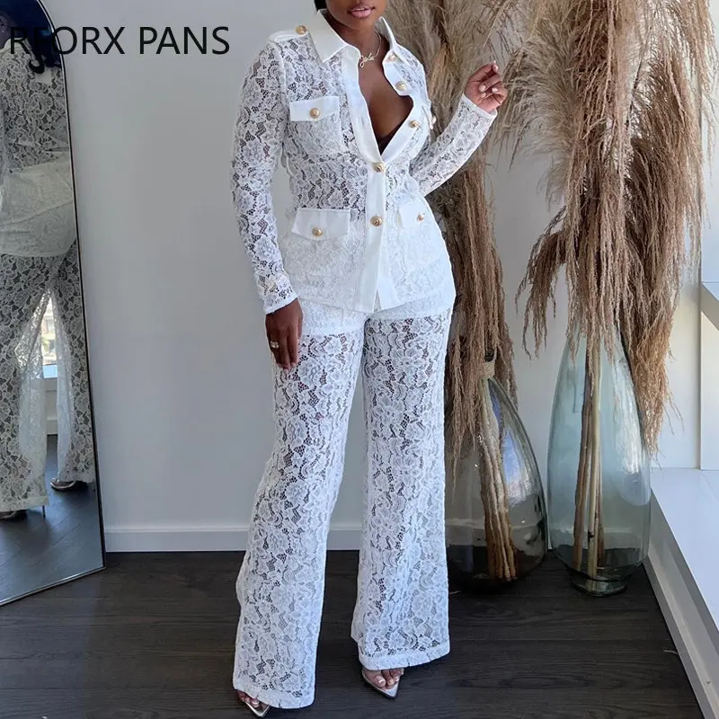 Ensemble Blazer Et Pantalon En Dentelle Pour Femmes, Élégant, Chic, Couleur Unie, Manches ...