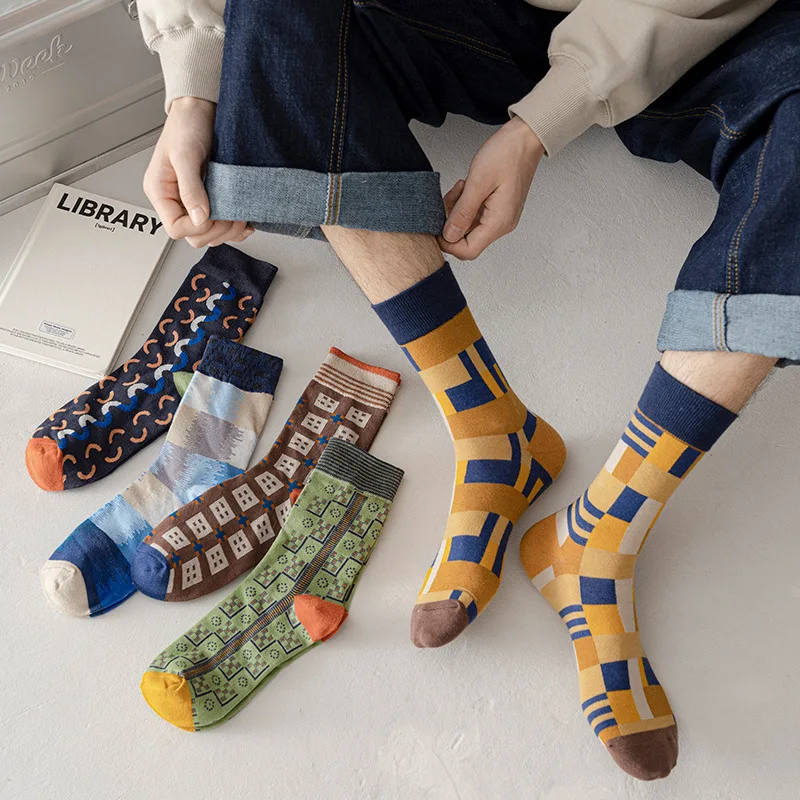 Autumn-Winter-New-Socks-Men-Checkered-Color-Matching-Middle-Tube-Socks ...