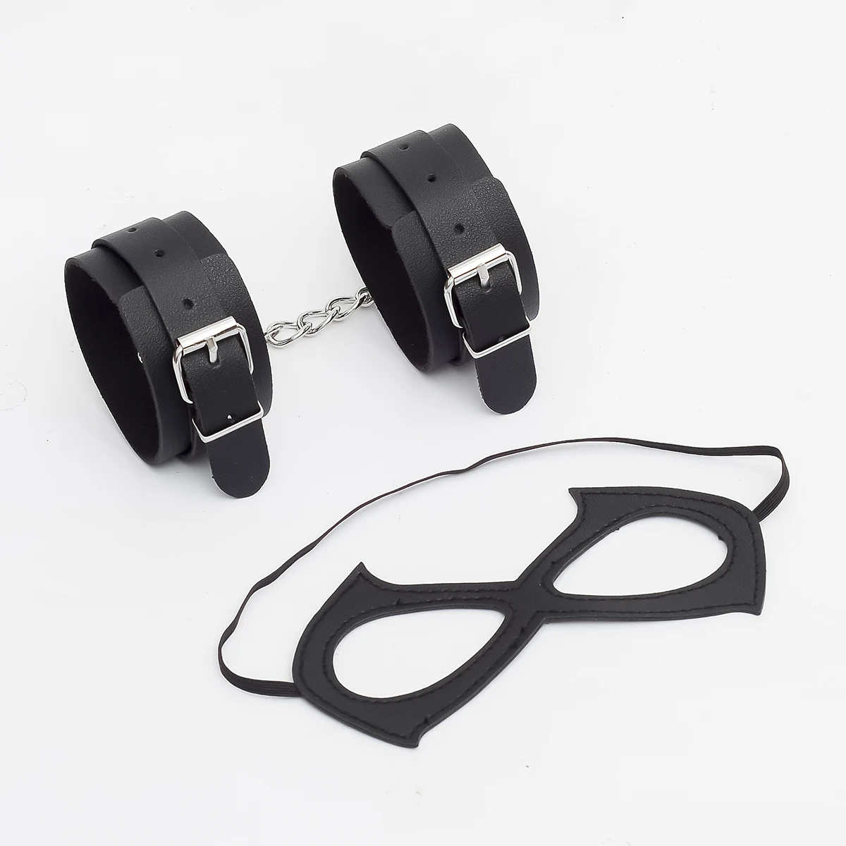 1 set of black PU leather bound couple handcuffs mask set, adult ...