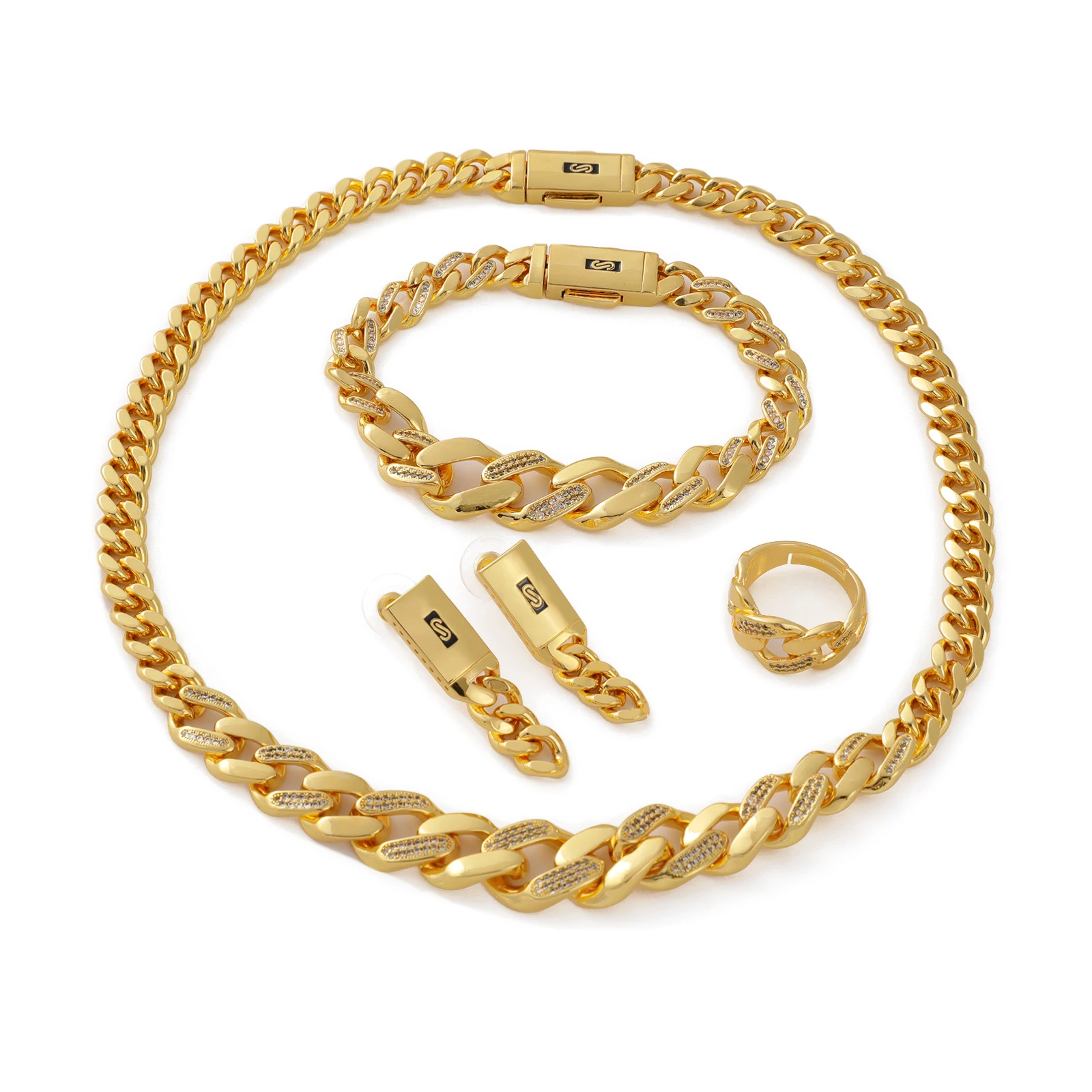 24k Gold Plated Miami Cuban Chain Necklace Set of Four Micropaved ...