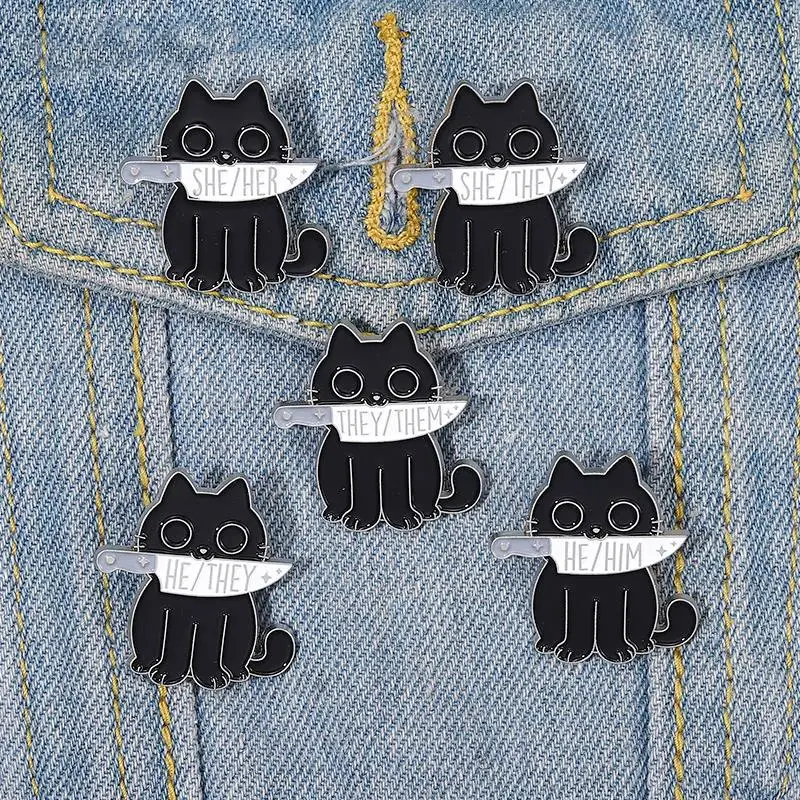 Pronouns Enamel Pins Custom Black Cats Dagger Brooches She Her He Him ...