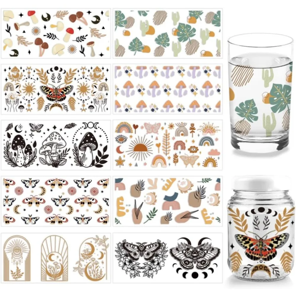 10 Sheets UV DTF Cup Wrap 10 Styles Boho Theme Mushroom Butterfly Moth ...