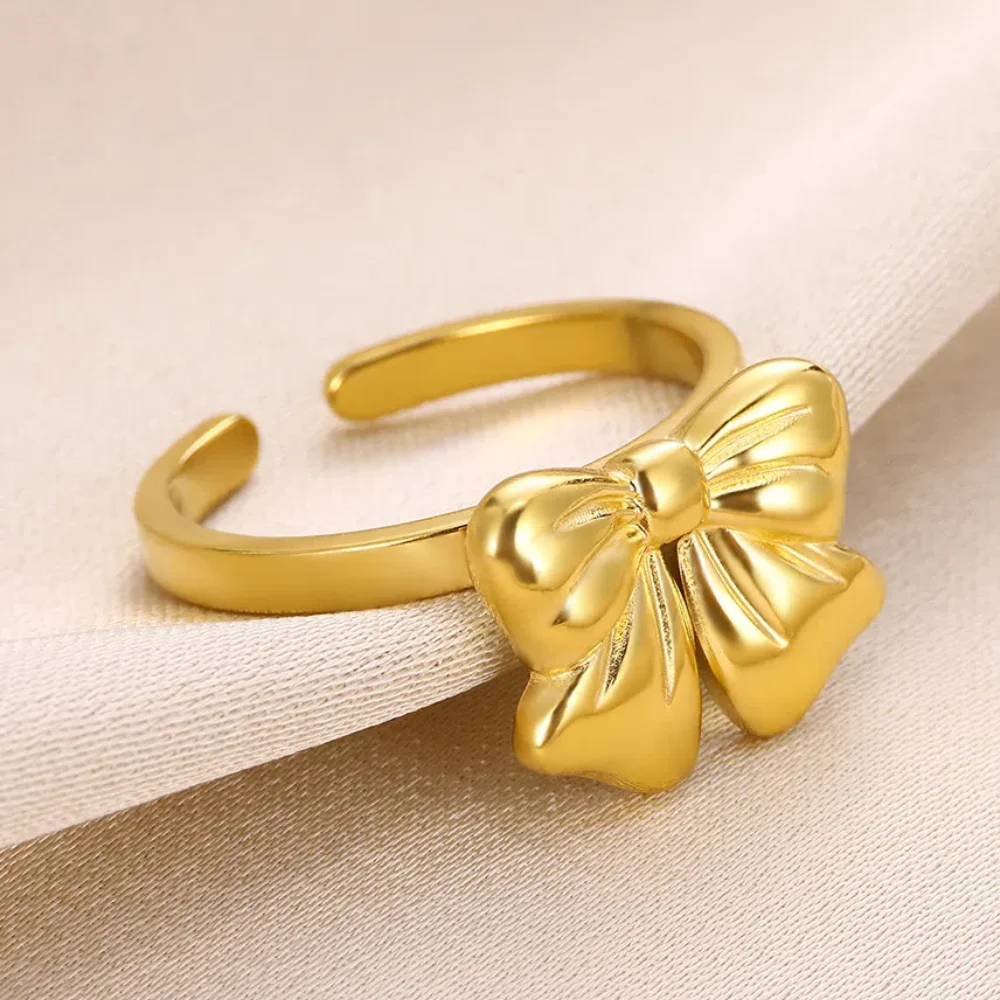 Gold-color-Fashion-Rings-For-Women-Stainless-Steel-Bow-Tie-Opening ...