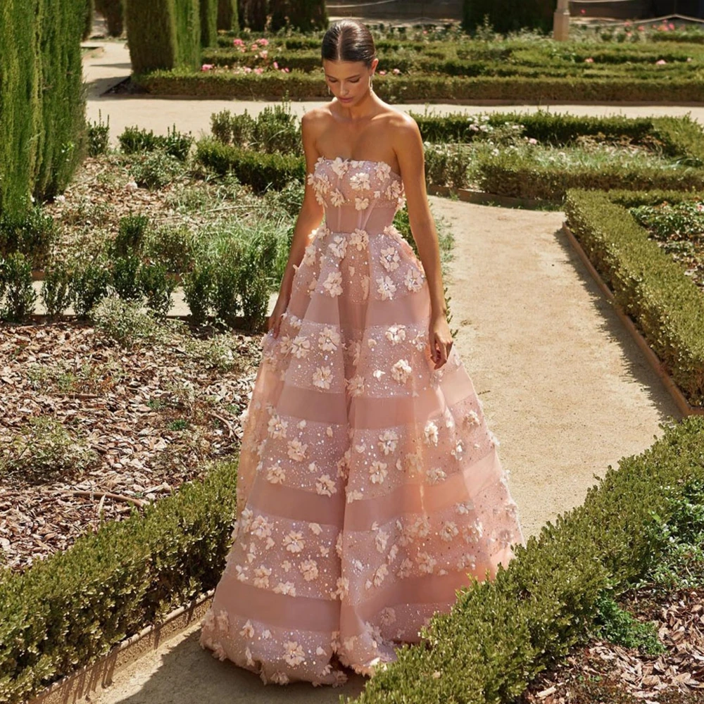 Strapless-Light-Pink-Sequins-Flowers-Prom-Dress-A-line-Sparkly-Evening ...