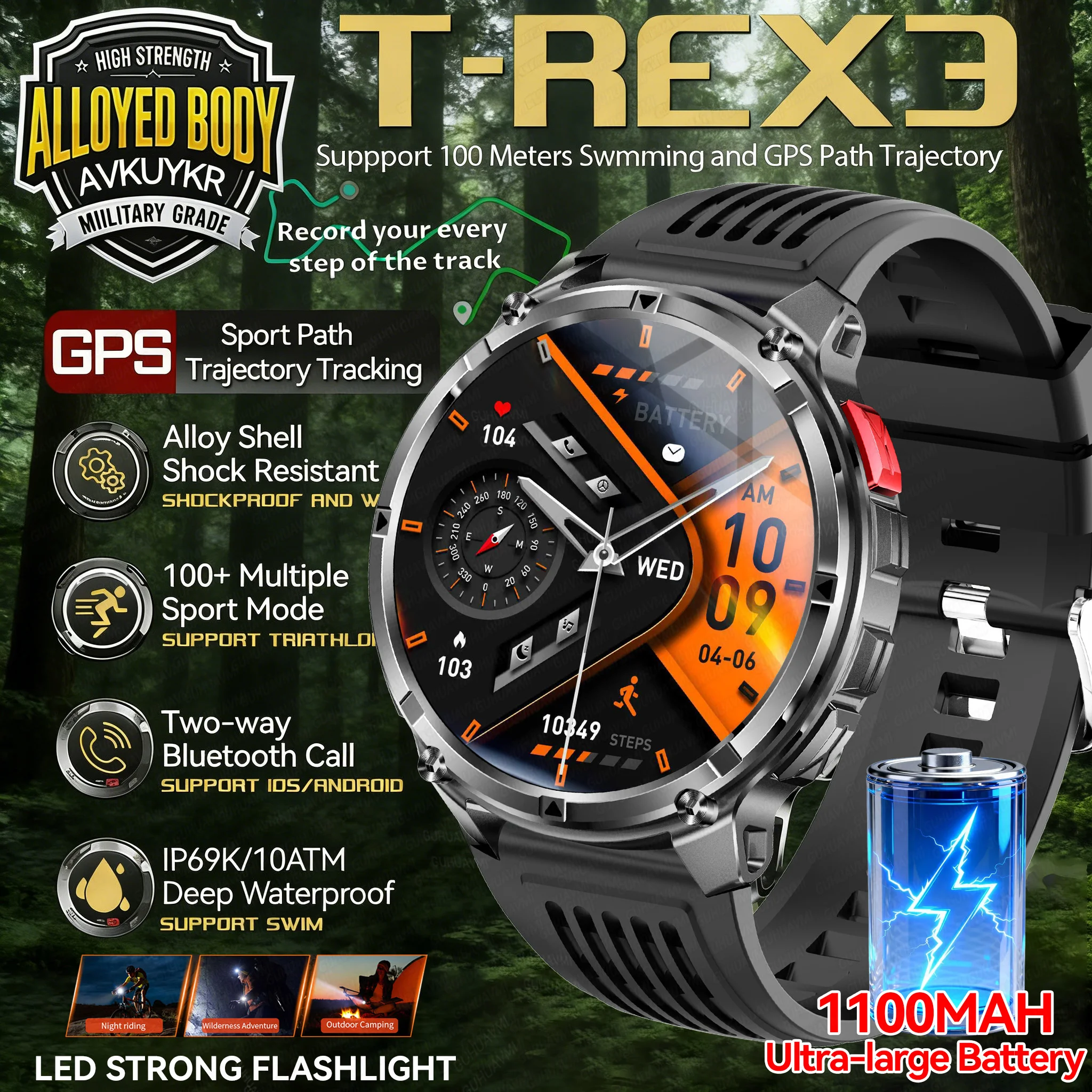 New Outdoor Sport 1100MaH Large Battery Smart Watch Men 1.75"HD AMOLED ...