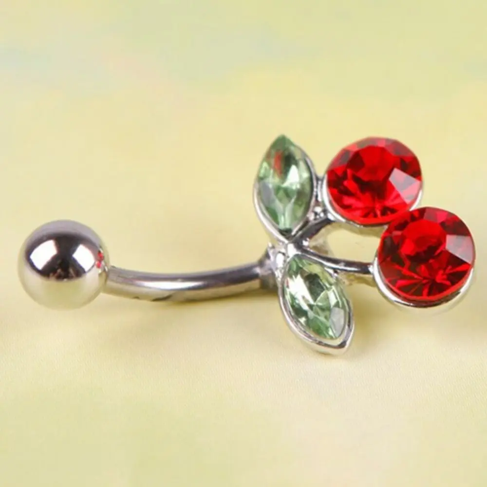 1pc Stainless Steel Red Cherry Rhinestones Inlaid Belly Button Navel