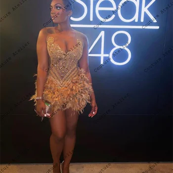 Luxury Sparkly Gold Diamond Women Cocktail Feather Black Girls Short Prom Dresses 2024 For ...