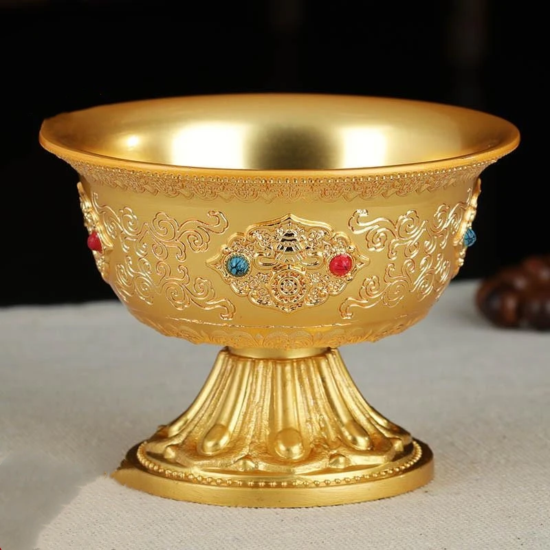 Tibetan-Embossed-Buddha-Bowl-Handicraft-Inlaid-Gem-Zinc-Alloy-Gold-Holy ...