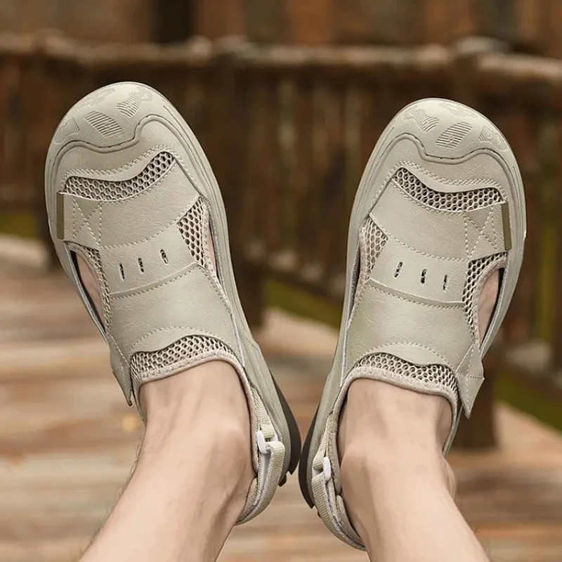 Men-Summer-Retro-Mesh-Hollow-Sandals-Round-Head-Solid-Colour-Non-slip ...