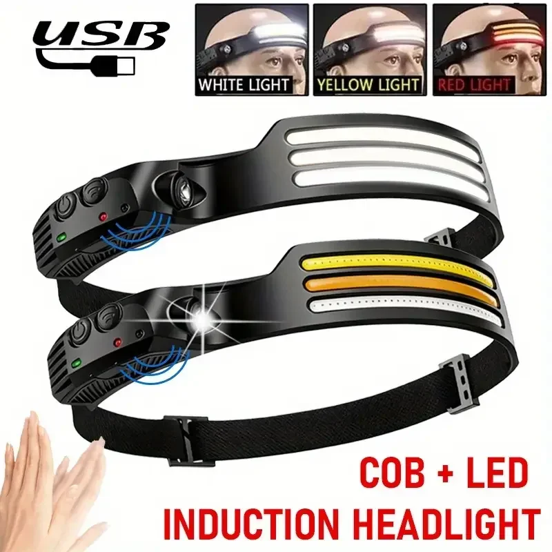 COB LED Headlamp 1 2 3 Wire Selection 5 Light Modes USB Rechargeable ...
