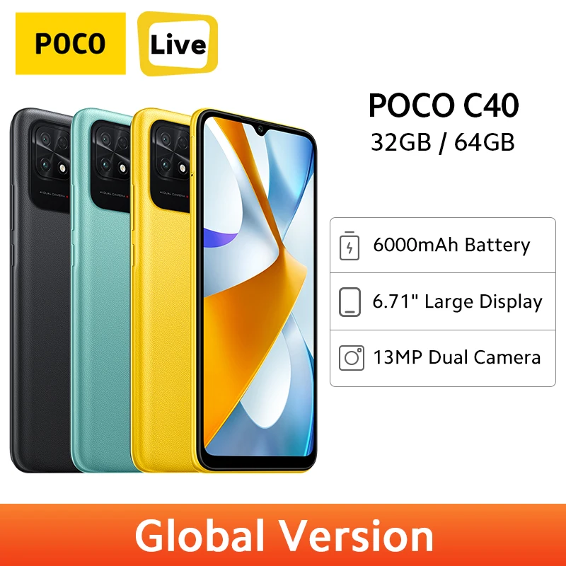 Poco c40 versão global 32gb/64gb bateria 6000mah do telefone móvel 6.71 ...