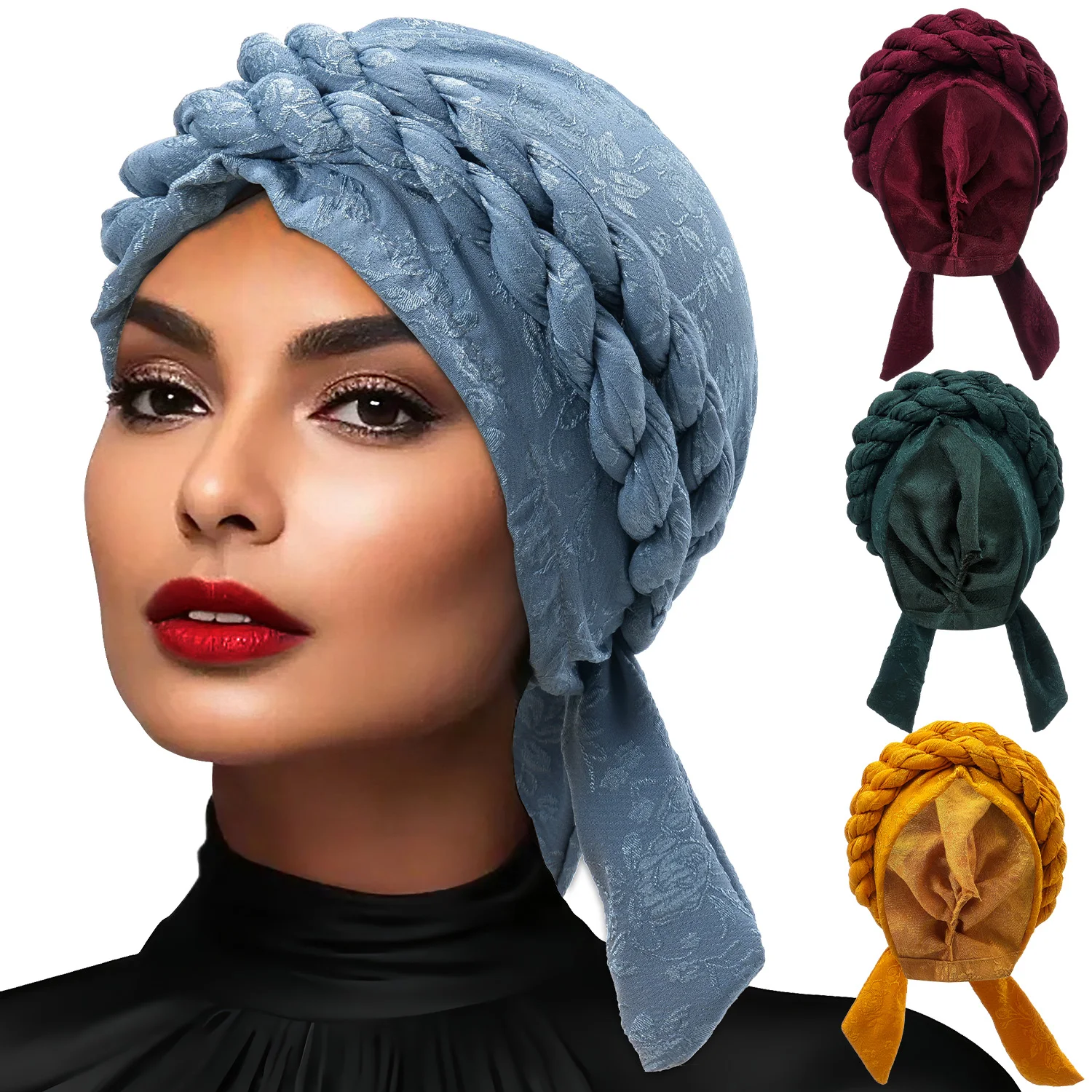Solid Color Double Braids Turban Caps for Women Fashion Women Muslim ...