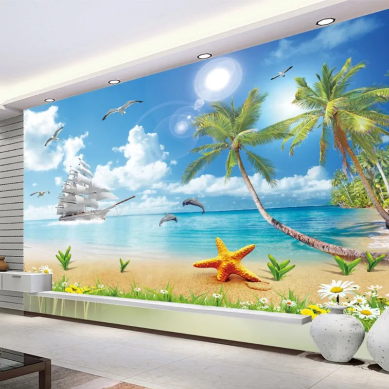 Customized products 3D Sea View Beach TV background wall decorative ...