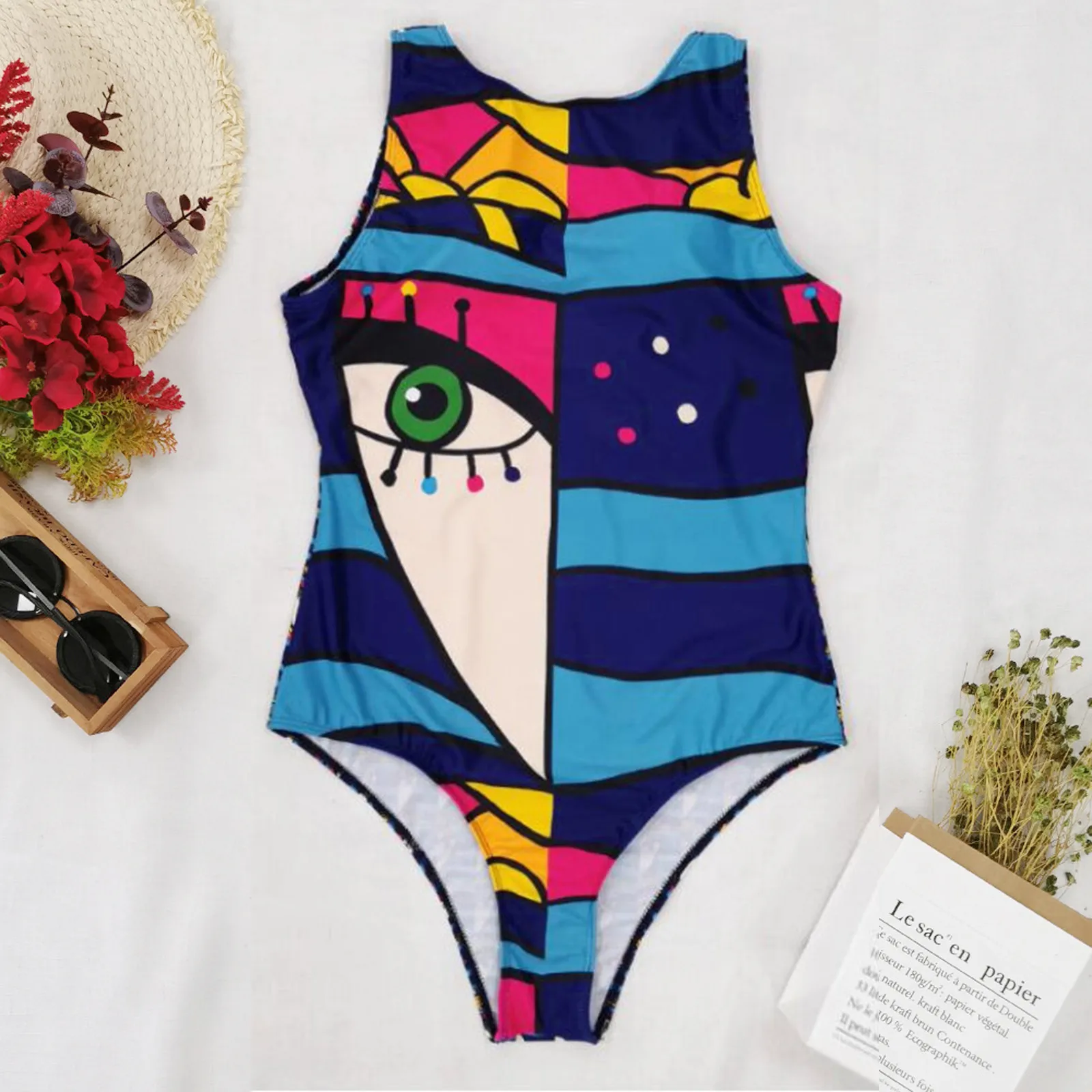 One Piece Swimsuit Graffiti Abstract Print Bathing Suit - Shadahunt