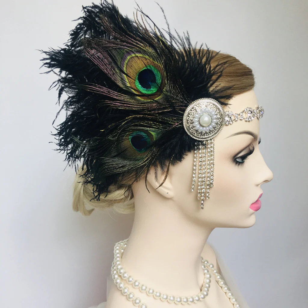 1920s Flapper Peacock Feather Headband Roaring 20s Showgirl Hair band ...