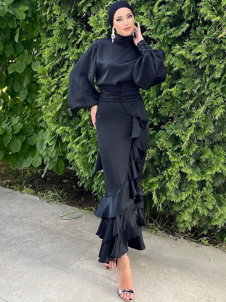 Muslim Woman Set Solid Color Satin 2 Piece Outfit Balloon Sleeves Top ...