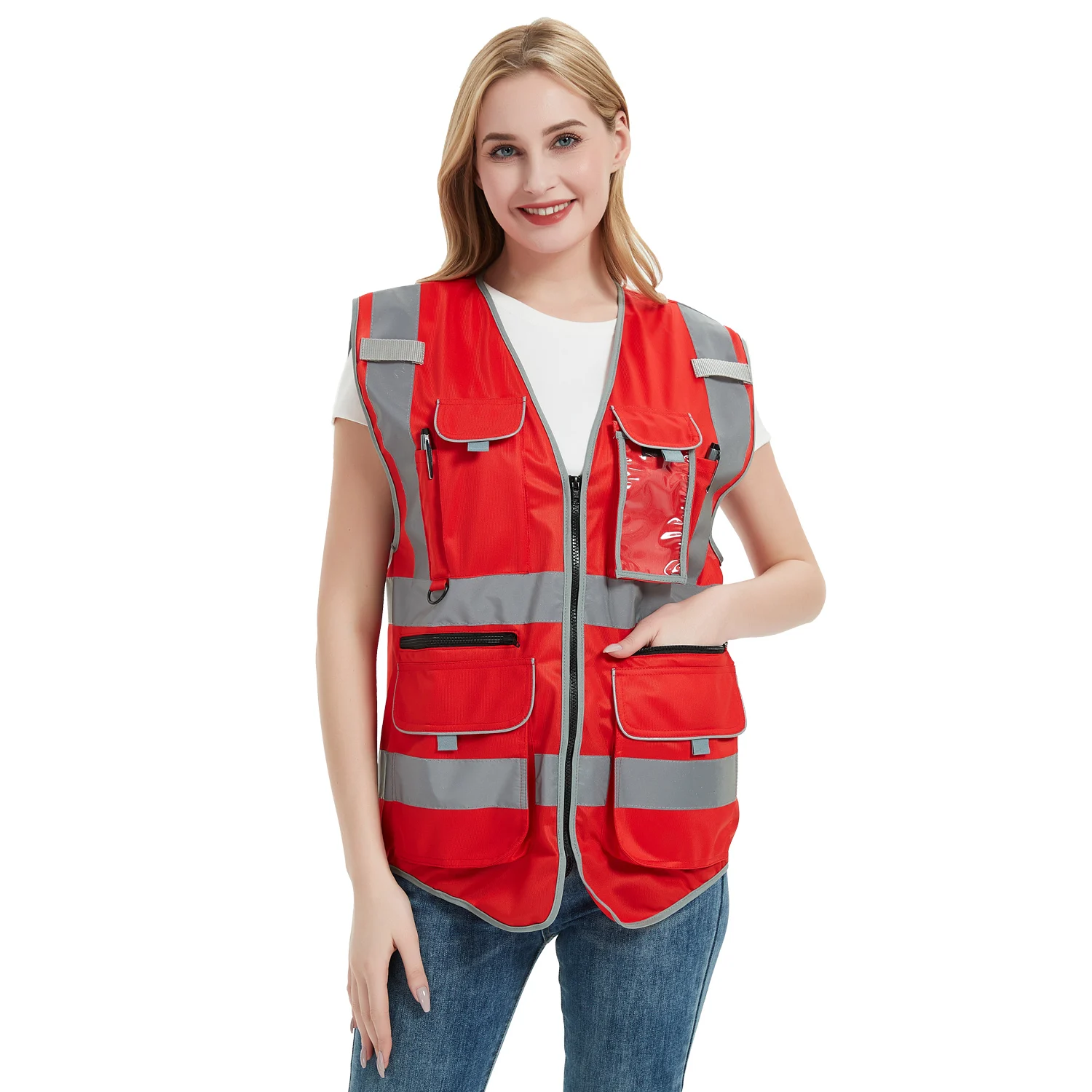 Safety-Vest-Red-Colour-High-Visibility-Vest-Women-Zipper-Front-Multi ...