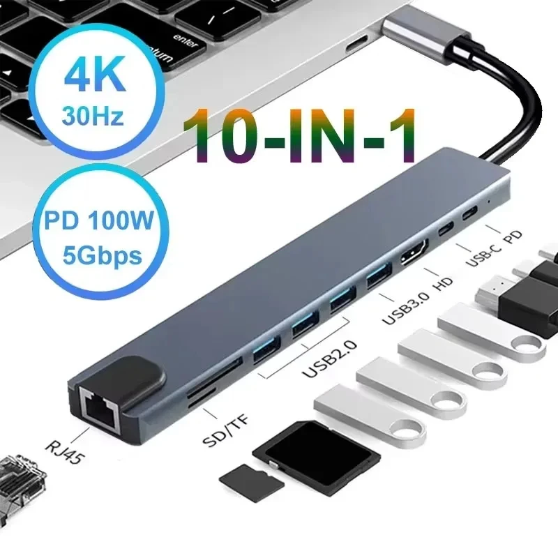 10 in 1 USB C HUB 4K30Hz Docking Station Type C to HDTV-Compatible RJ45 ...