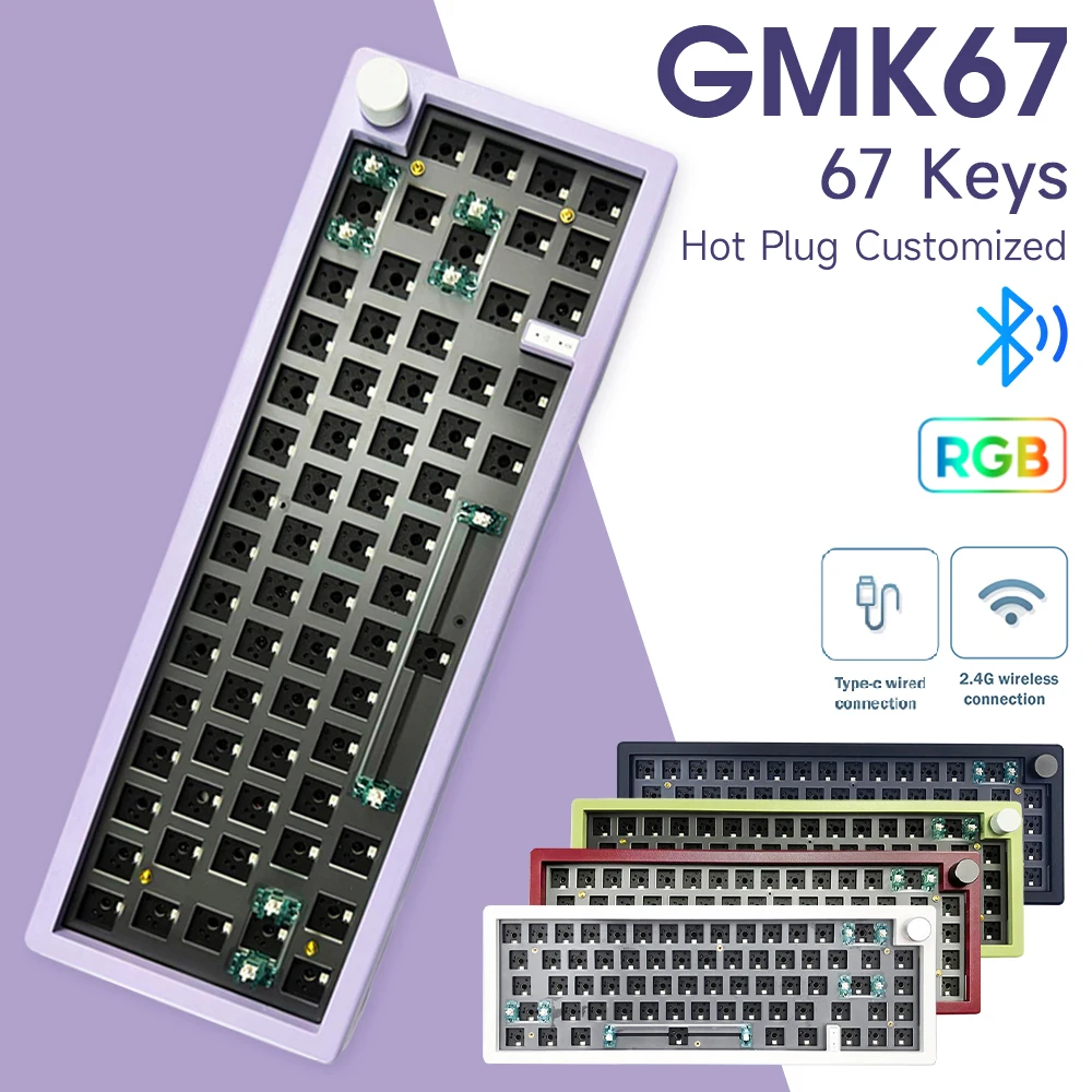 GMK67 맞춤형 기계식 키보드 키트, RGB 백라이트 블루투스 2.4G 무선 3 가지 모드 개스킷 구조 게이머 키보드, 키캡 ...