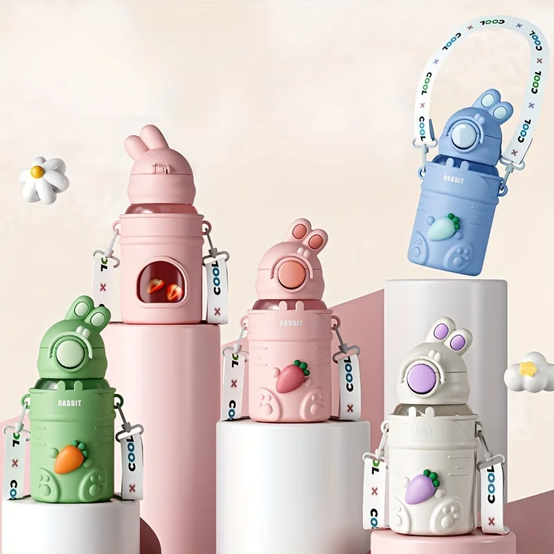 680ML-Cute-Rabbit-Water-Bottle-with-Rubber-Cover-Stickers-Straw-17oz ...