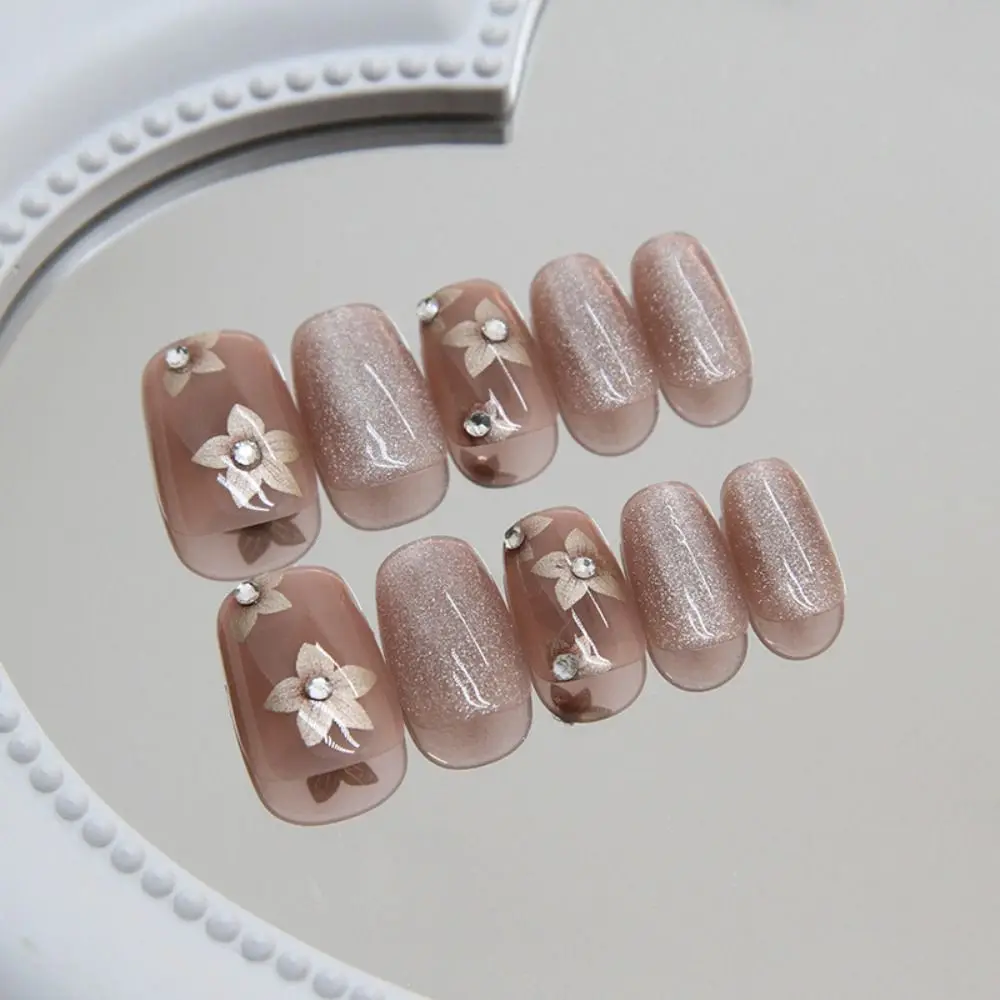 Французские накладные ногти модные цветы кошачий глаз полное покрытие накладные ногти