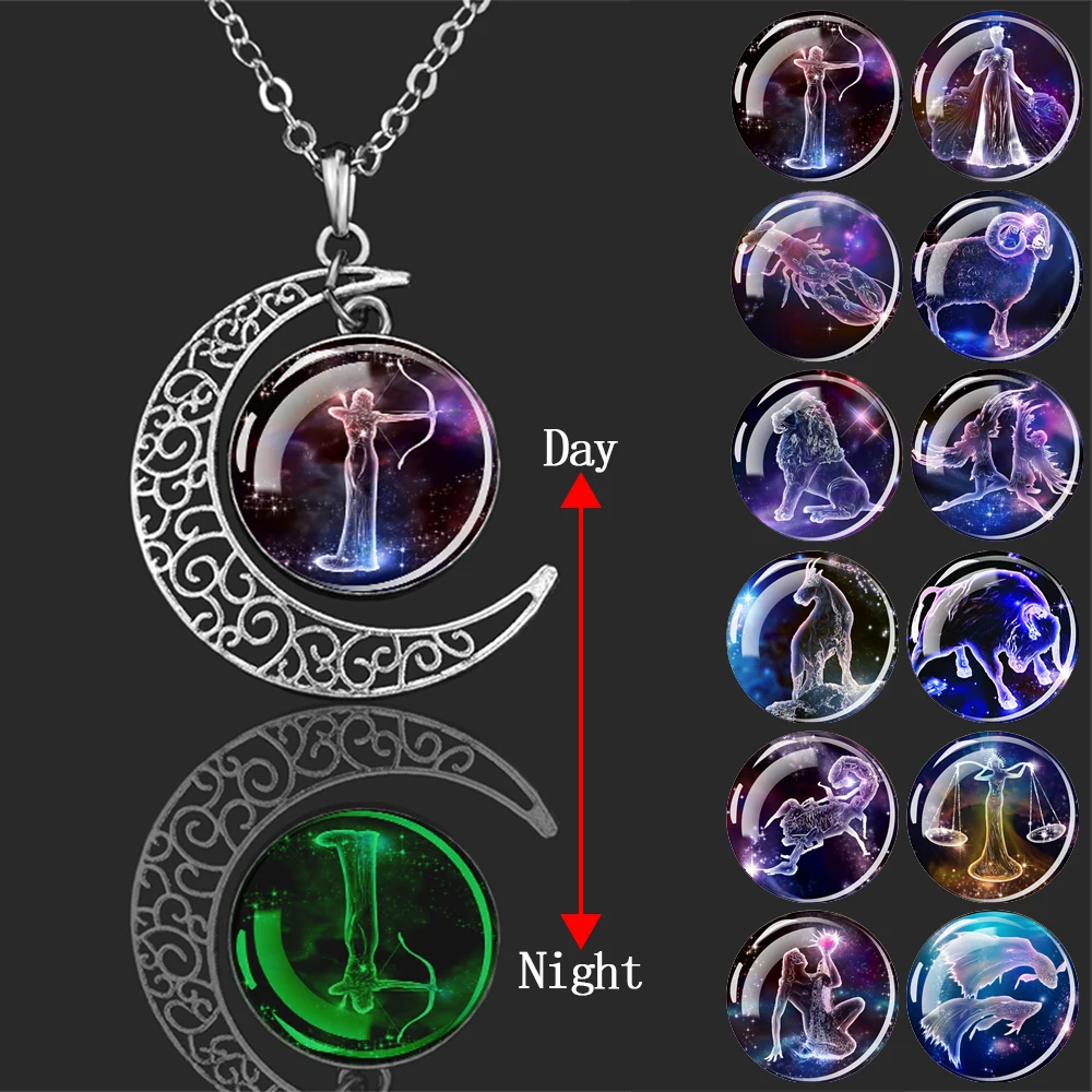 Luminous-12-Constellation-Pendants-Glass-Dome-Crescent-Pendant-Necklace ...