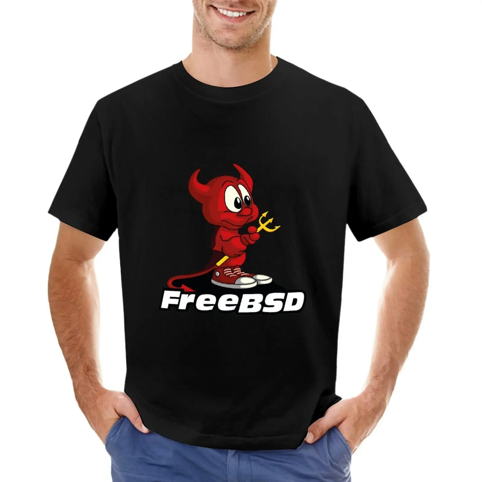 Beastie (FreeBSD) + Text T Shirt Short sleeve tee black t shirts men ...