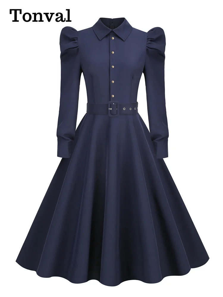 Tonval Puff Sleeve Button Front Belted Long Robe Vintage Dress Turn ...