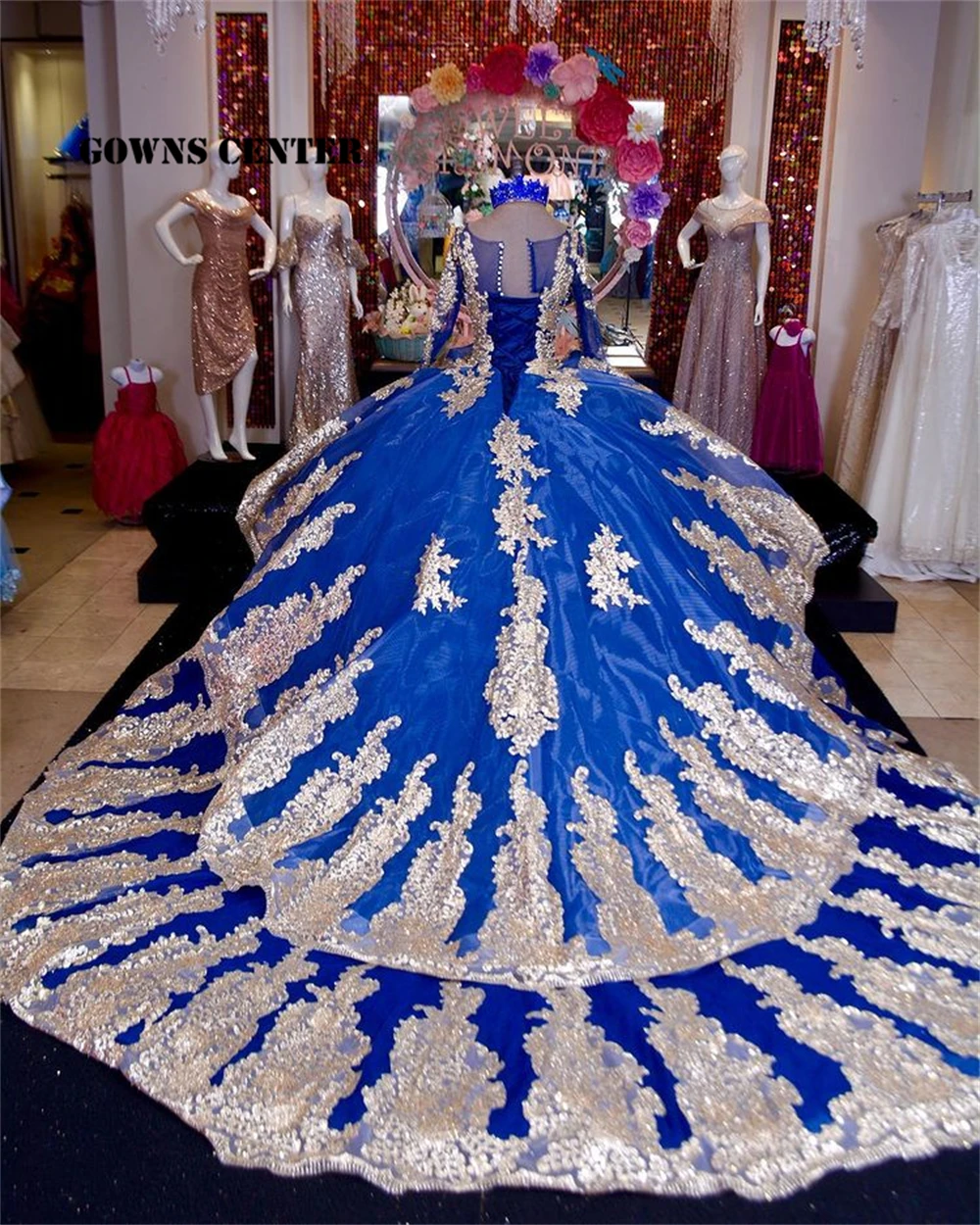 Royal Blue Long Sleeve Quinceanera Dresses Ball Gown Sequin Applique ...