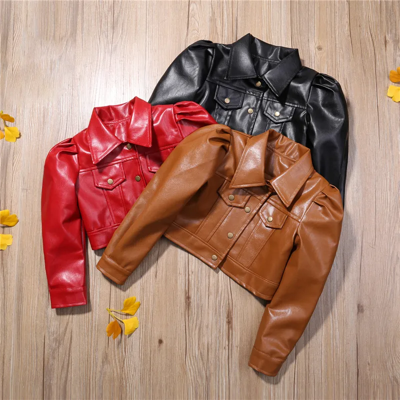 2-7years Kids Girls Leather Coat Turn-Down Collar Long Sleeve Jacket ...