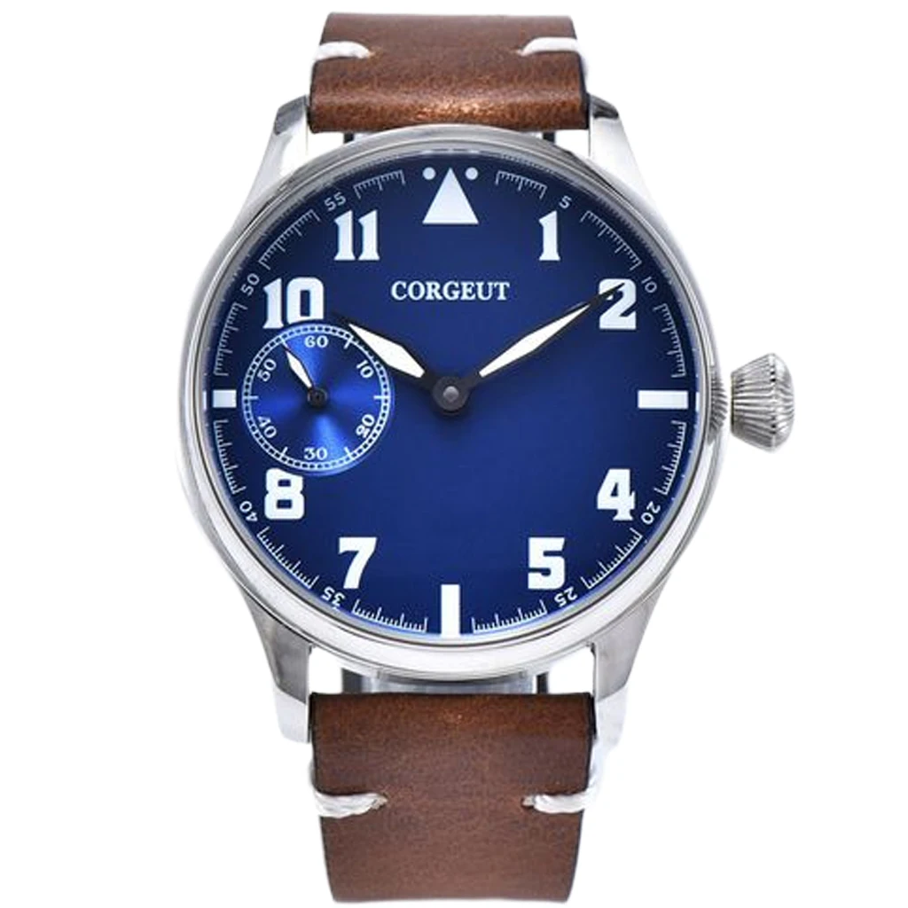 44mm-CORGEUT-silver-case-blue-dial-leather-strap-17-Jewels-mechanical ...