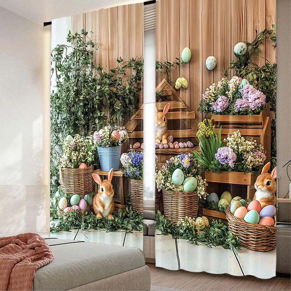2Pcs Spring Rustic Curtain Bunny Rabbit Easter Decoration Window Drapes ...