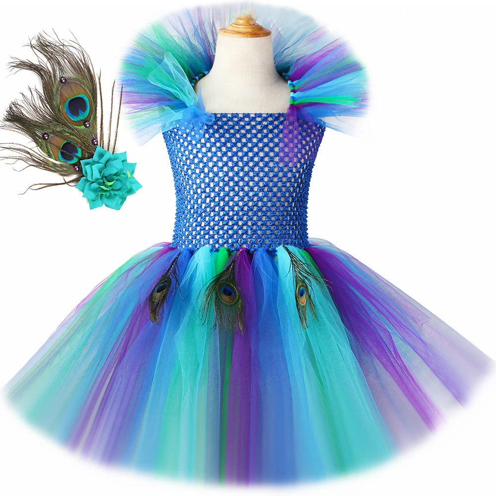 Girls Peacock Tutu Dress with Flower Feather Headband Fancy Peacock ...