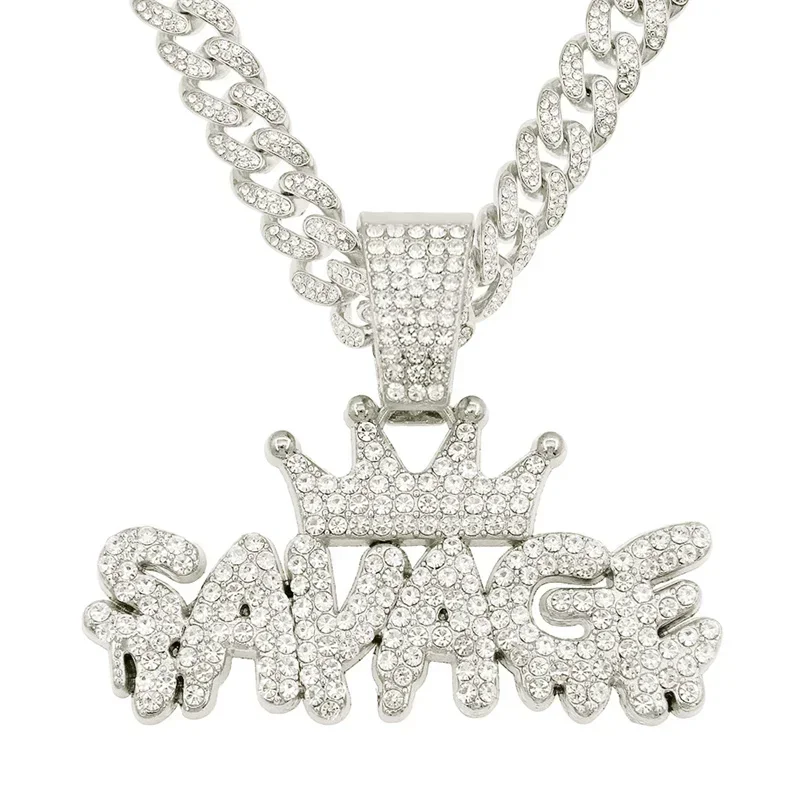 Hip Hop Bling Crown Letter Savage Pendant Necklace With 13mm Cuban ...