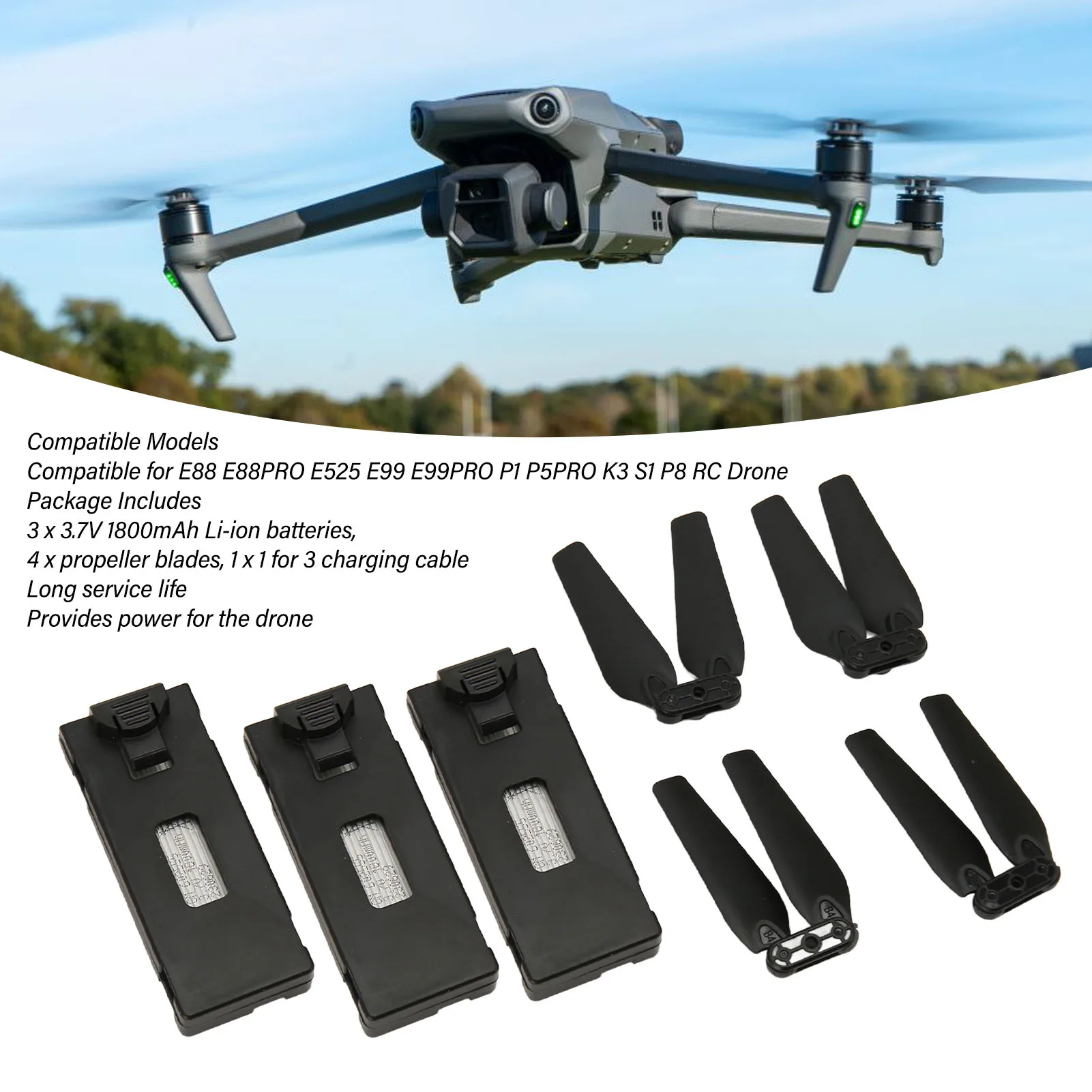 RC UAV Battery Compact Plug and Play Drone Battery 3PCS 3.7V 1800mAh ...