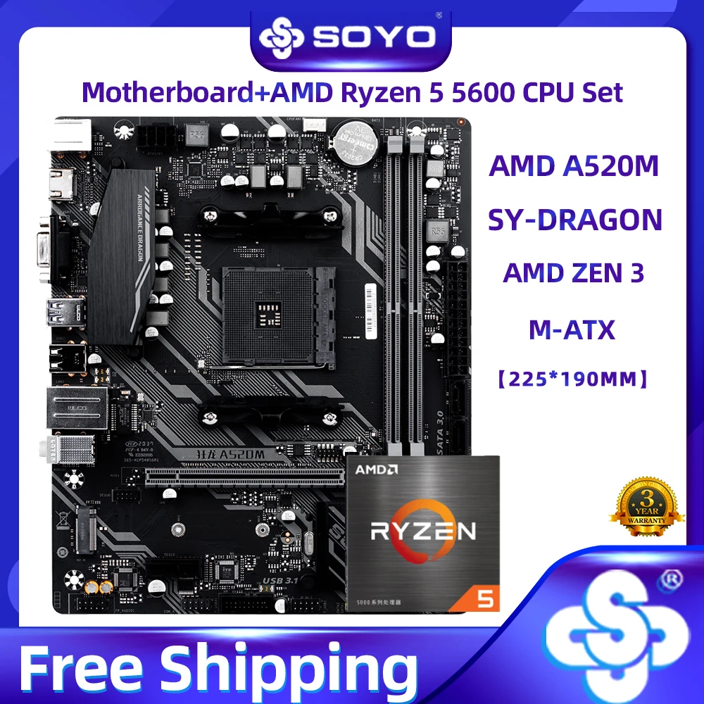Soyo – Carte Mère Dragon A520m Avec Processeur Ryzen 5 5600, Ensemble Cpu, Sans Refroidisseur, M ...