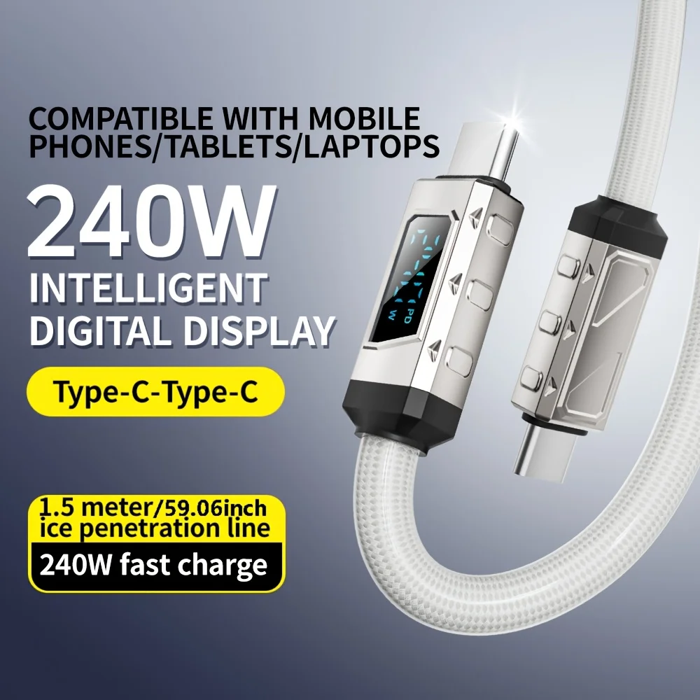 240W 1.5m Digital Display USB-C To Type-C Super Fast Charging Cable ...