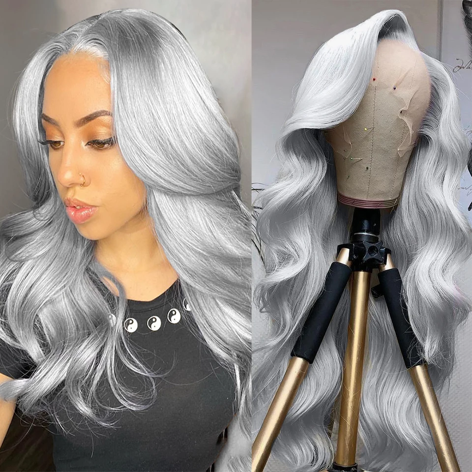 34-Inch-Silver-Grey-Body-Wave-Lace-Front-Wig-Straight-Human-Hair-Pre ...