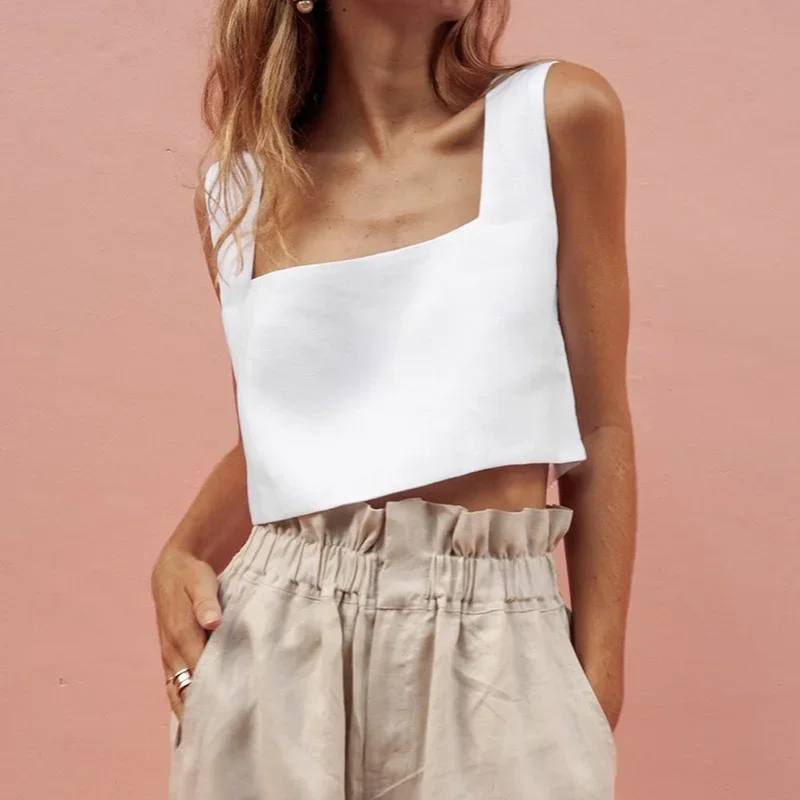 100% Linen White Crop Top 2024 Summer Vintage Square Collar Sleeveless ...