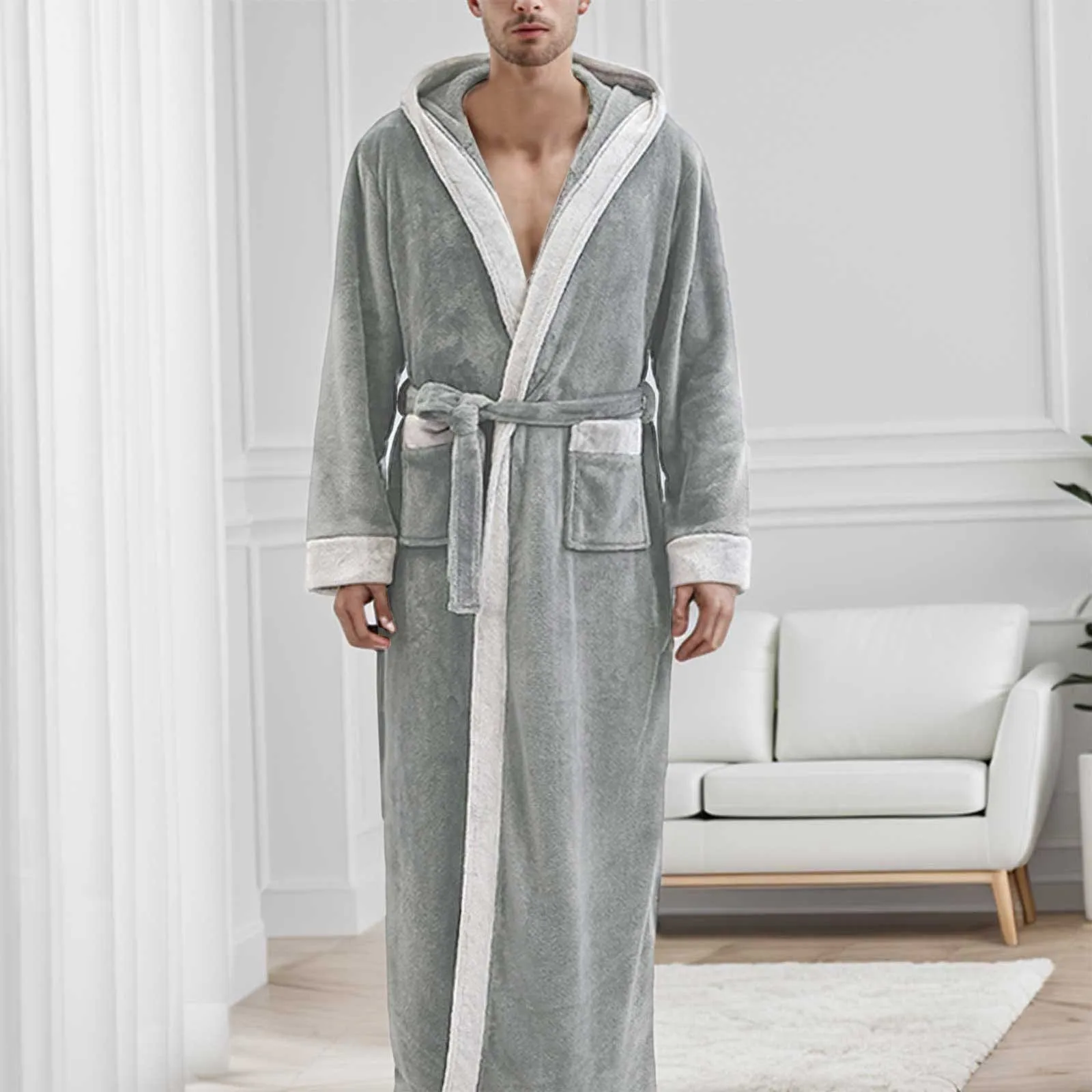 Men Winter Warm Hooded Flannel Bathrobe Plus Size Extra Long Bath Robe ...