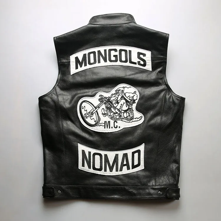 Mens Motorcycle MONGOLS Real Leather Vest Biker Waistcoat Black Cowhide ...