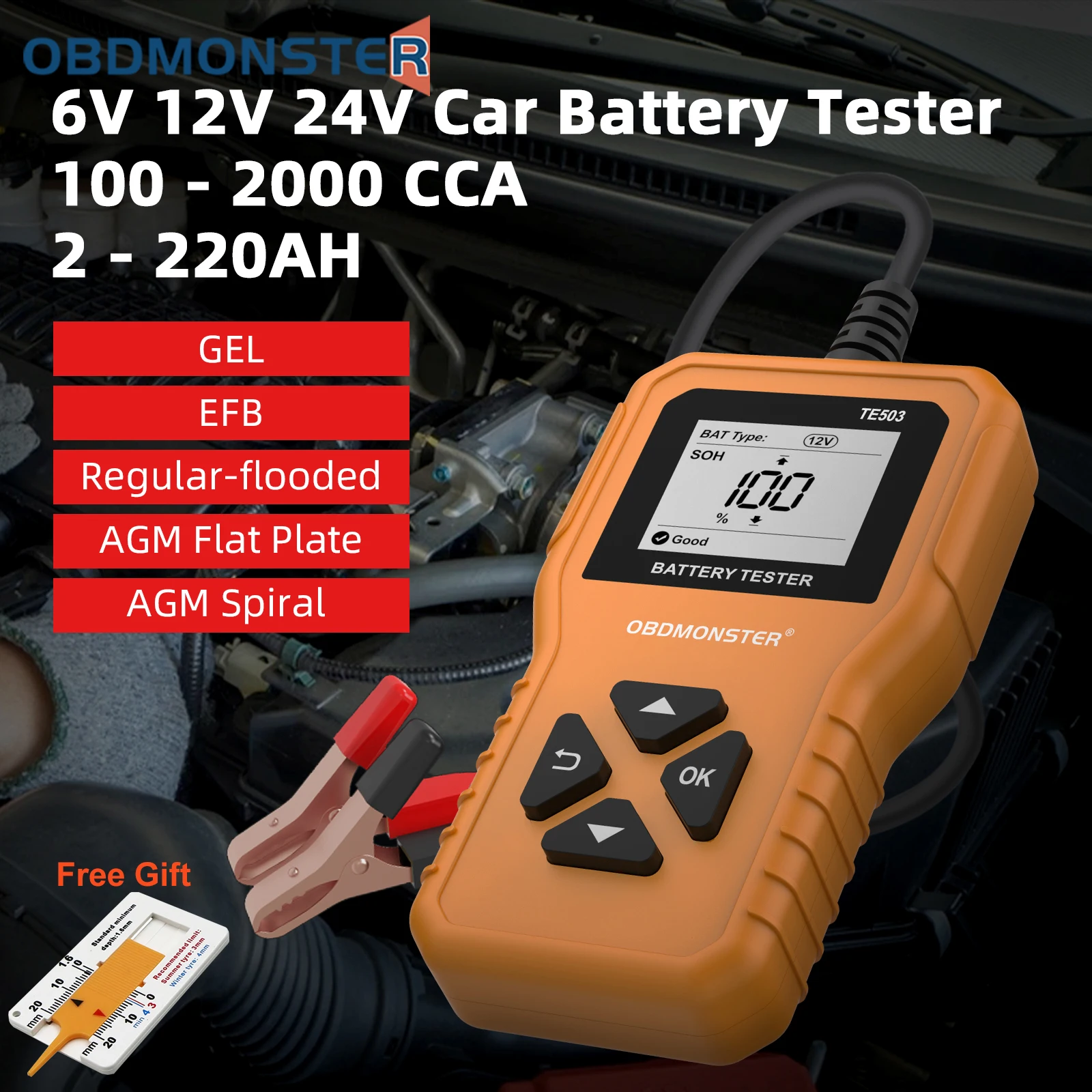TE503 Car Battery Tester 6V 12V 24V 100-2000 CCA 2Ah-220Ah Battery ...