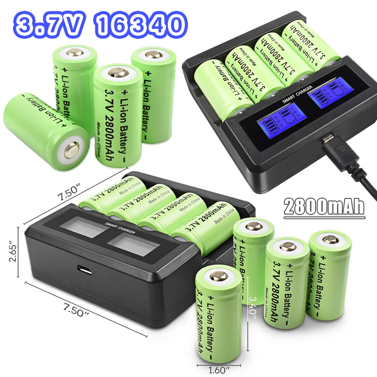 Powtree 2800mAh 16P 16340 Battery Rechargeable 3.7V Li-ion CR123A RCR ...