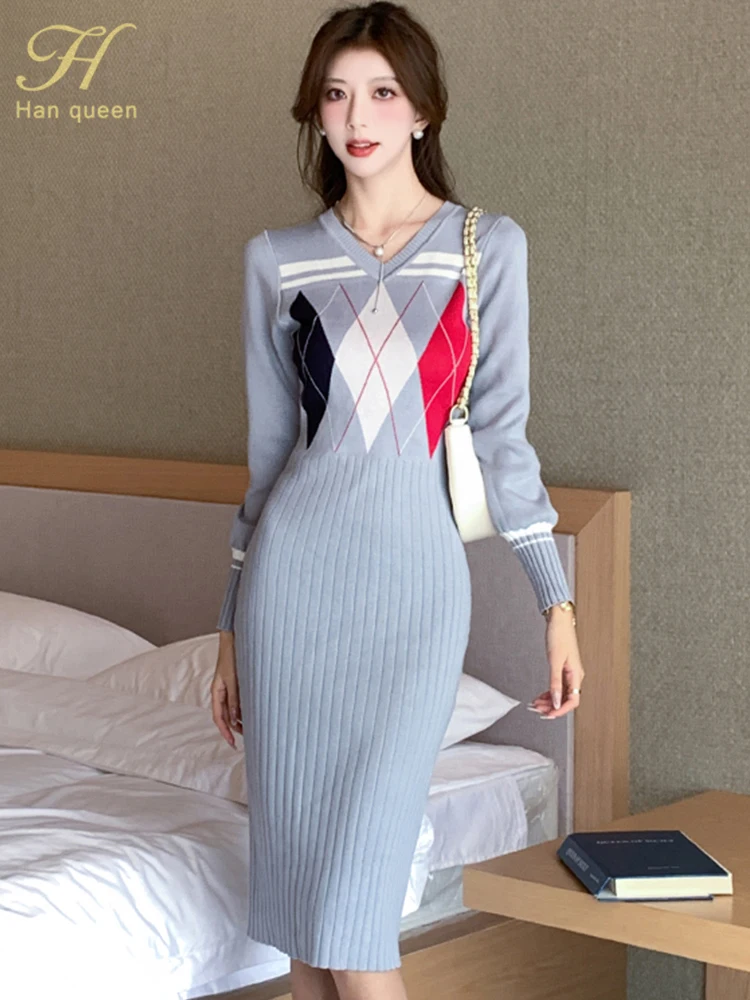 H Han Queen Autumn Winter Knitted Dress Bodycon Bottoming Elastic ...