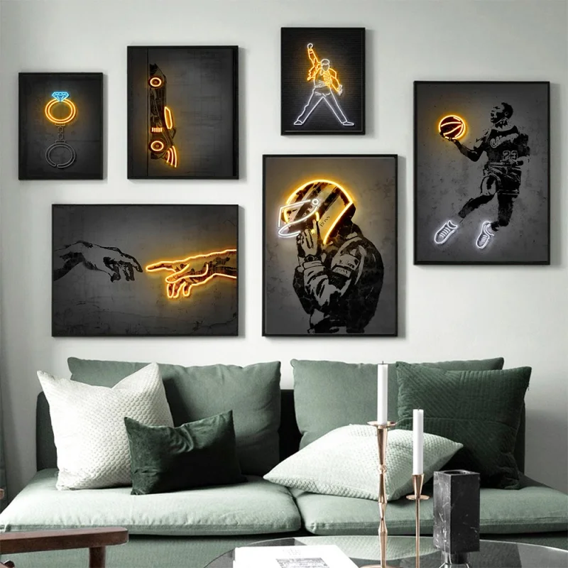 Neon Motorcycle Wall Art Basketball Star Racing Abstract Poster Artwork ...