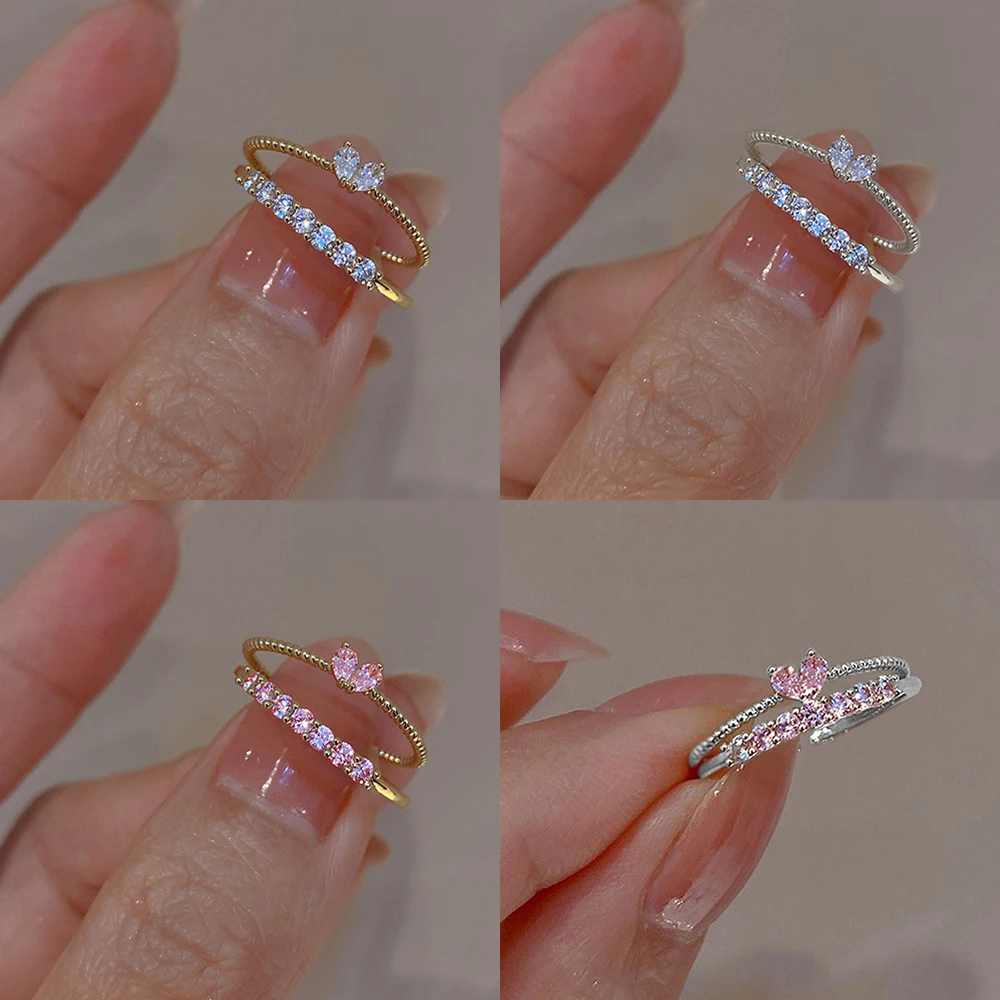 2PCS-Aesthetic-Elegant-Dainty-Crystal-Heart-Rings-for-Women-Girls-Gold ...