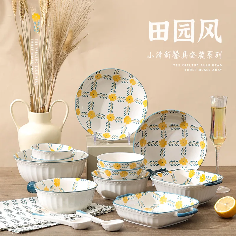INS-Pastoral-Style-Flower-Bowl-Plate-Set-Underglazed-Ceramic-Dinner ...