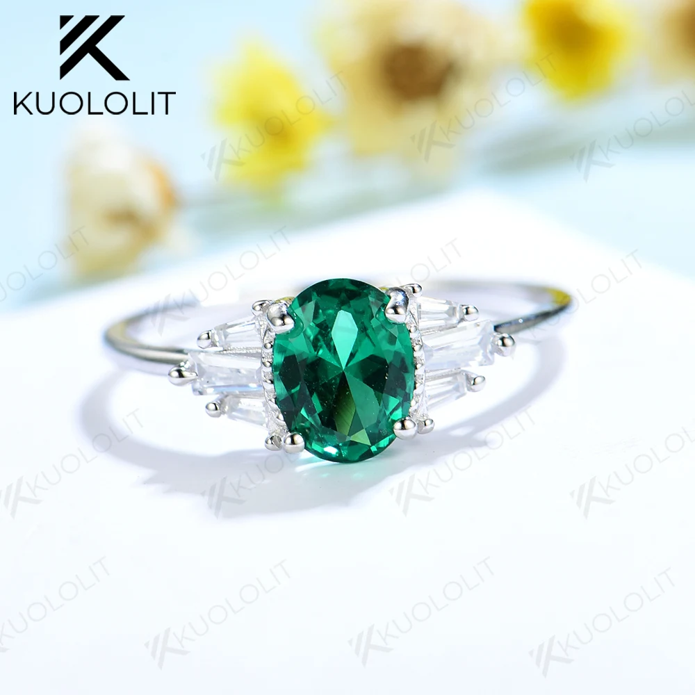 Kuololit Solid 925 Sterling Silver Jewelry Created Emerald Gemstone Rings for Women Luxury ...