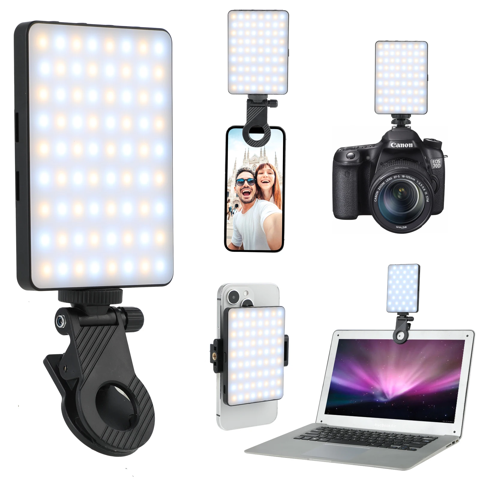 Selfie-Light-with-Front-Back-Phone-Clip-72-LED-Rechargeable-Video-Light ...