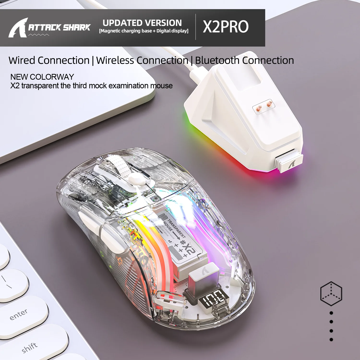 Attack Shark X2 Pro Transparent Wireless Gaming Mouse RGB,Silent Click ...